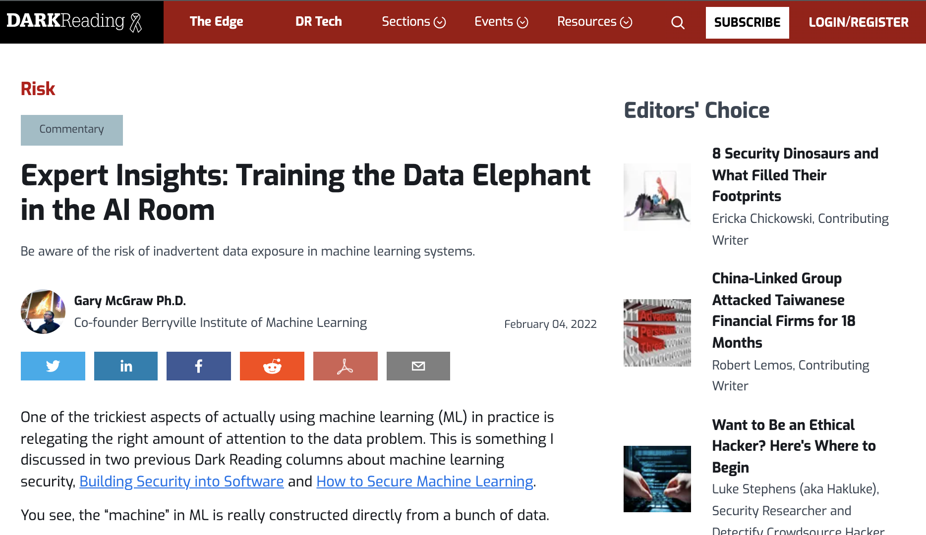 BIML in darkreading: ops data exposure versus training data exposure | BIML